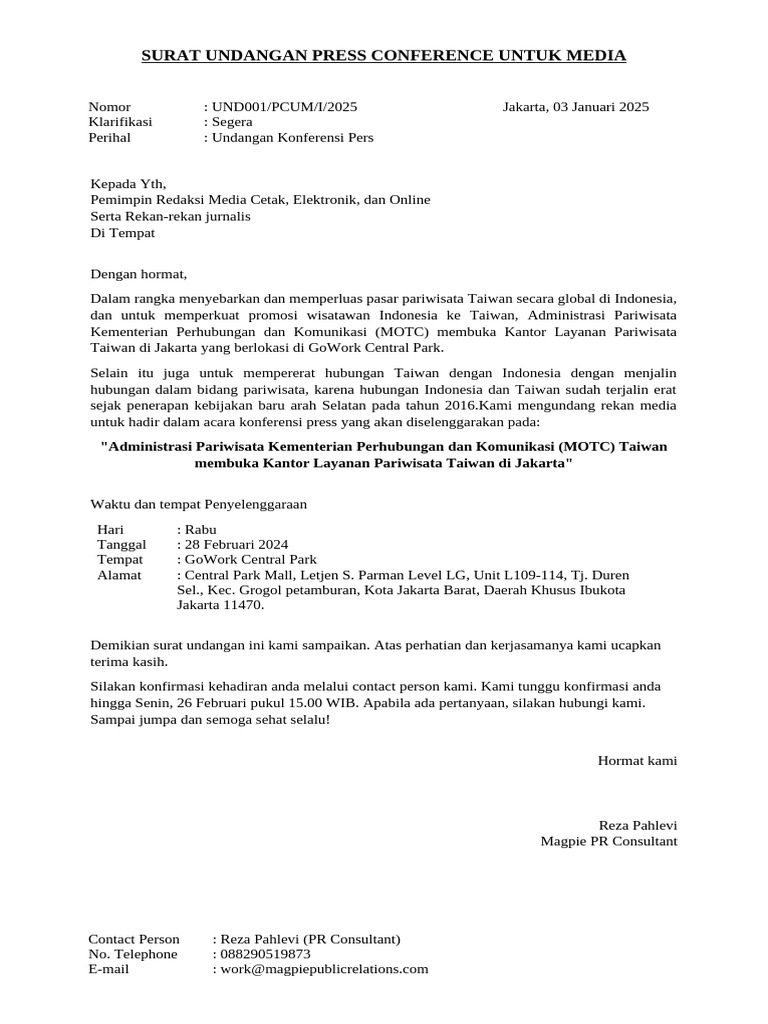Surat Undangan Press Conference Untuk Media | PDF