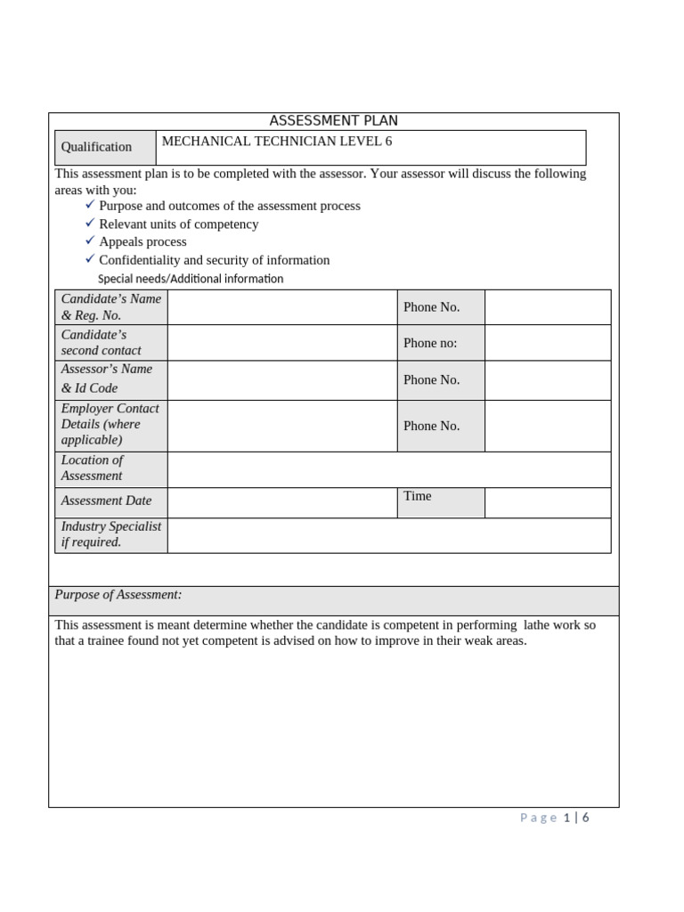 Mechanical Technician Assessment Plan | PDF | Machining | Metalworking
