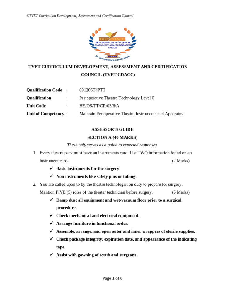 Assessor Guide Written | PDF | Surgery | Sterilization (Microbiology)