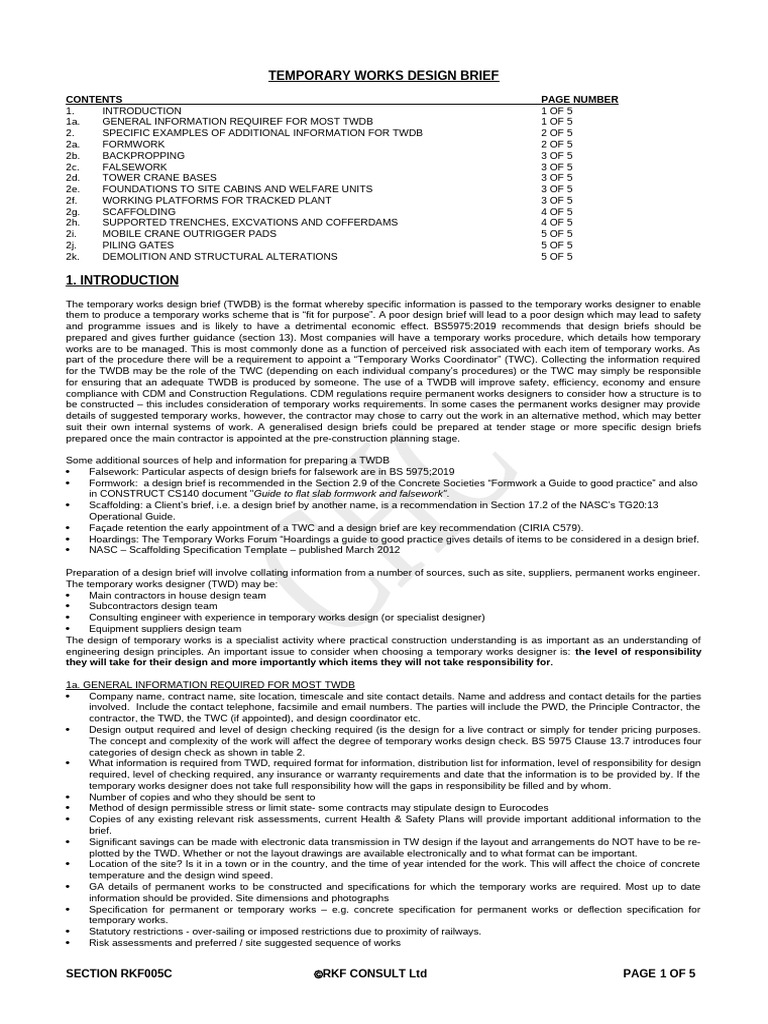Temporary Works Design Brief Guide | PDF | Concrete | Civil Engineering