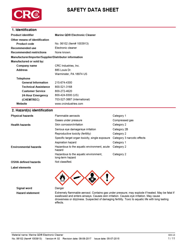 CRC Electronic Cleaner - MSDS | PDF | Toxicity | Waste