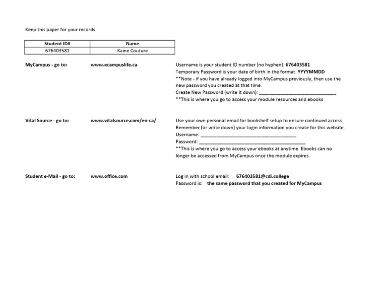 Student Login Info Sheet - Kaine Couture | PDF