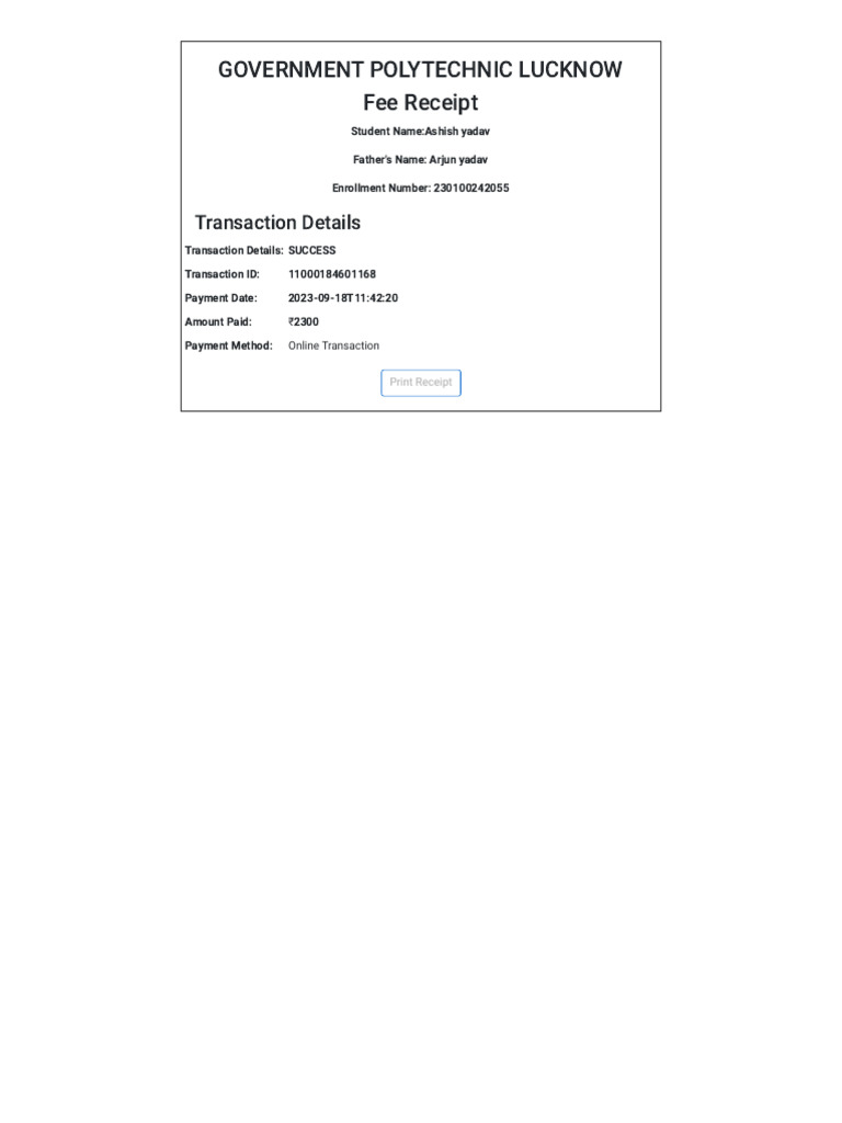 Polytechnic Fee Receipt for Ashish Yadav | PDF