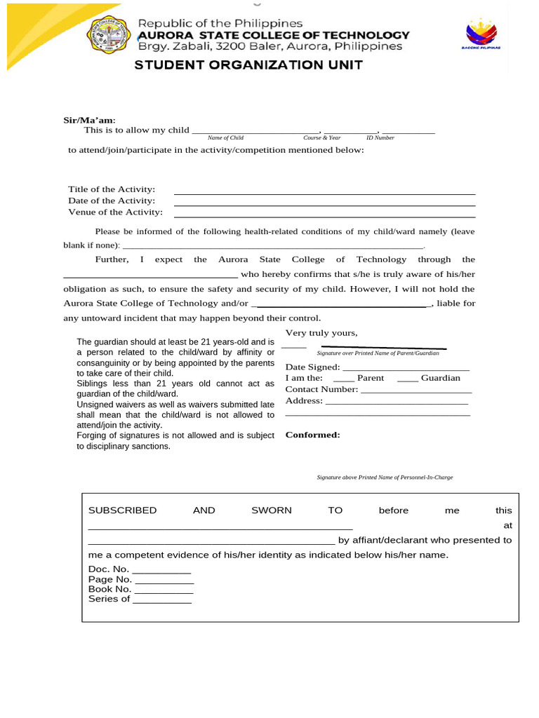 Child Activity Participation Waiver Form | PDF | Social Institutions ...