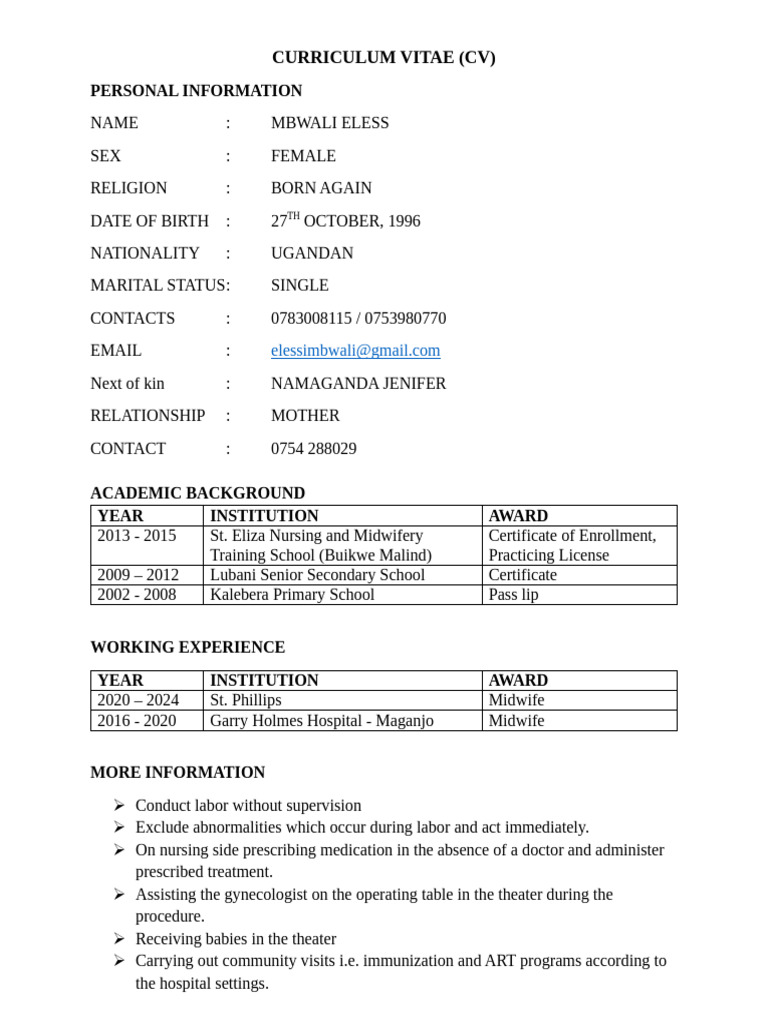 Curriculum Vitae Mbwali Eless | PDF | Midwife | Midwifery