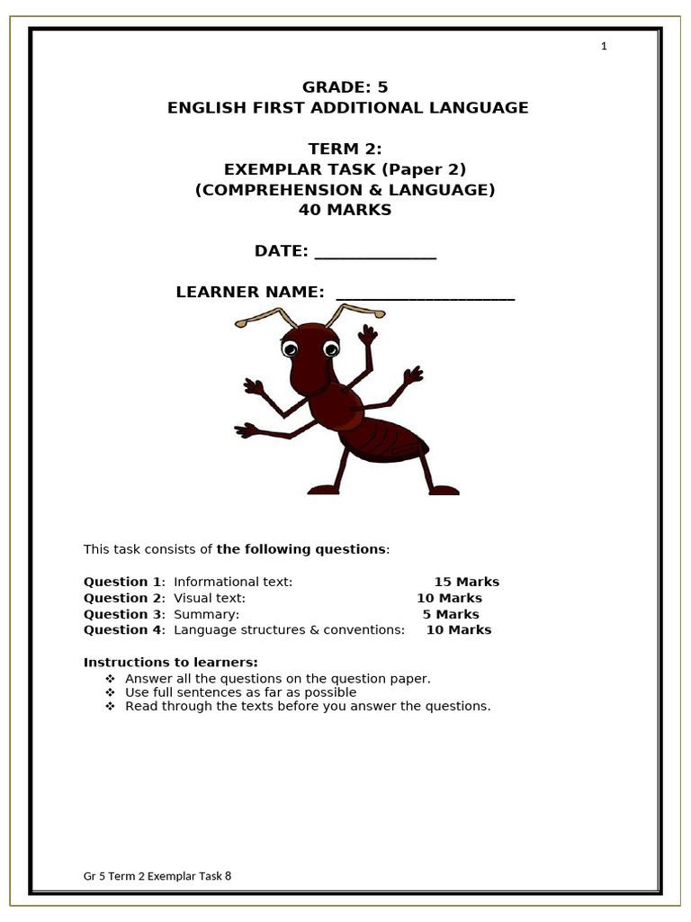 Grade 5 English Comprehension Task | PDF | Ant | Question