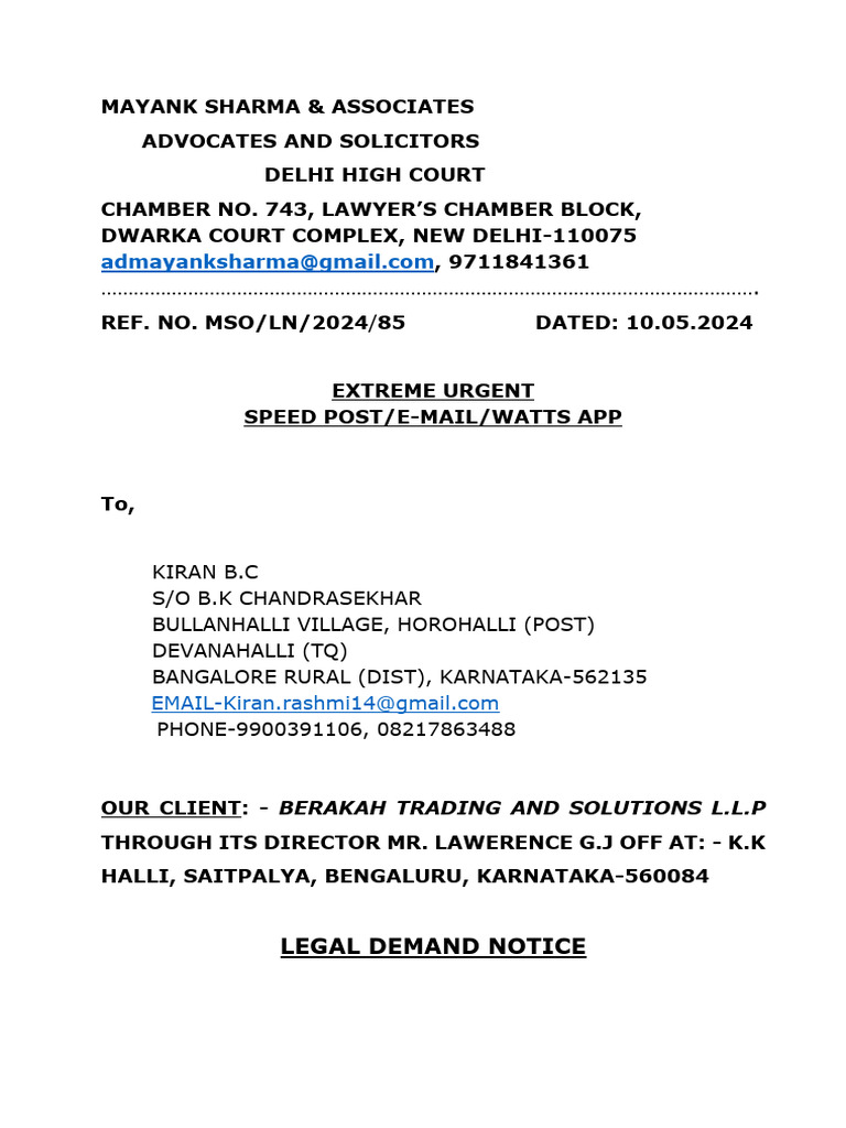 Kiran Notice @ Mr. Lawrence Pre Final | PDF | Damages | Public Law