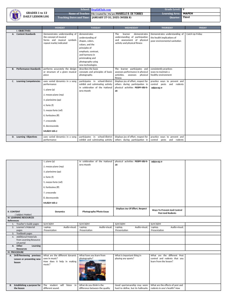 DLL_MAPEH 6_Q3_W8 | PDF | Learning