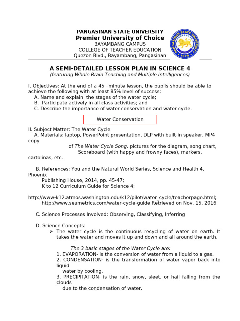 Science 4 Lesson Plan: Water Cycle | PDF | Water | Precipitation