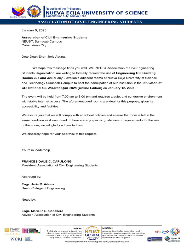 Room Request for CE Quiz Event 2025 | PDF