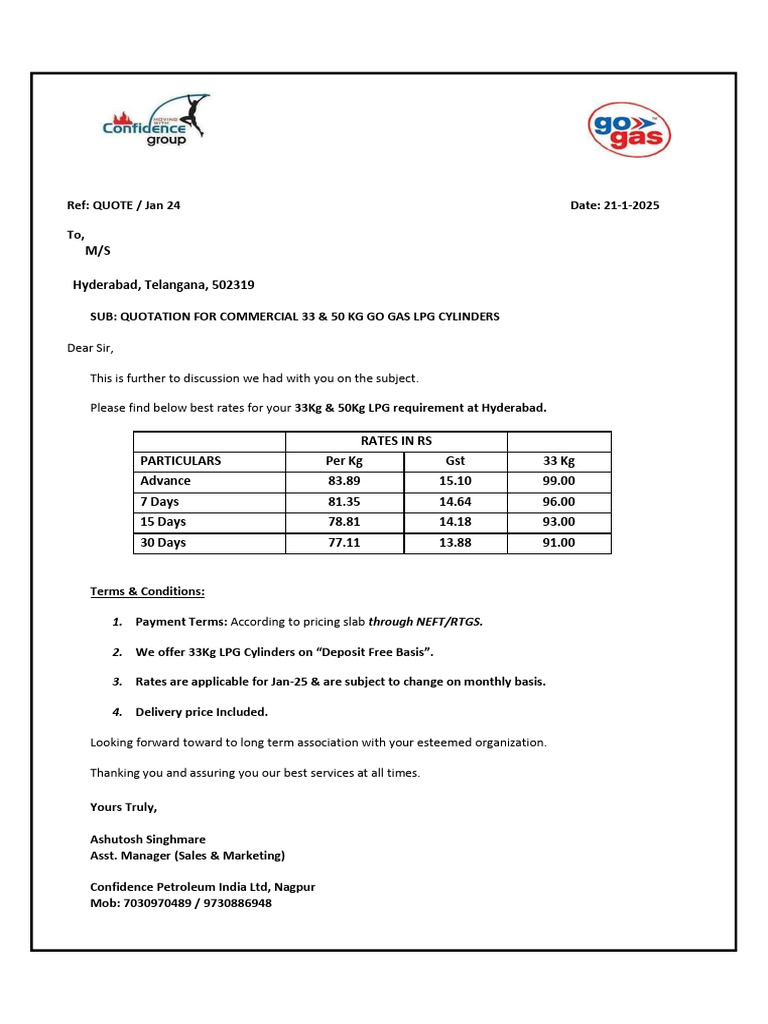 Quotation for 33 & 50 KG LPG Cylinders | PDF