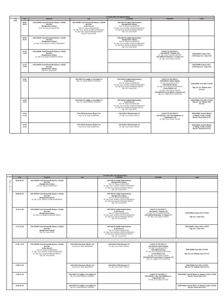 2023 2024 Bahar Hemsirelik Ders Prog 1 2 | PDF