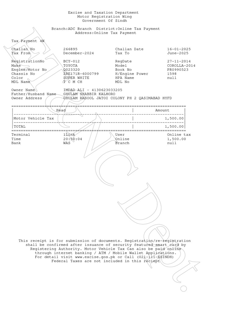 Online Motor Vehicle Tax Receipt | PDF