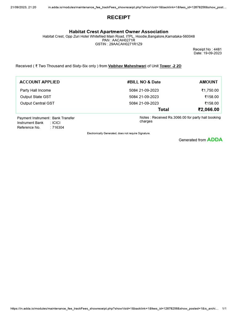 Habitat Crest Receipt for Party Hall Booking | PDF
