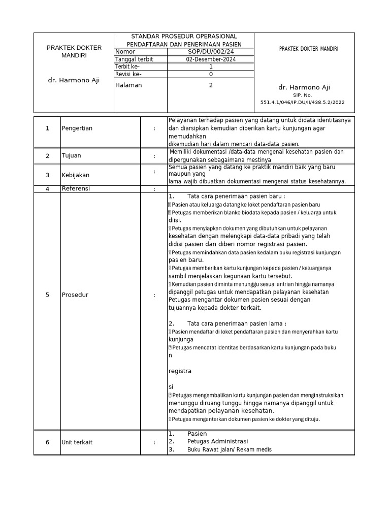 SOP Pendaftaran Pasien dr. Harmono | PDF