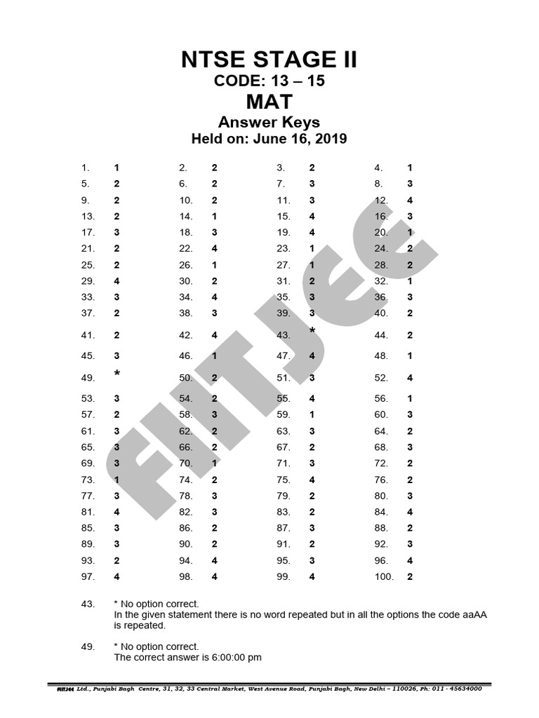 NTSE Stage II MAT Answer Keys 2019 | PDF