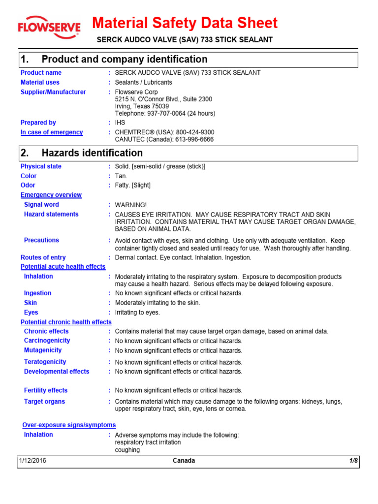 733 Msds Serck Audco Valve (Sav) Stick Sealant - RSD Iss North America ...