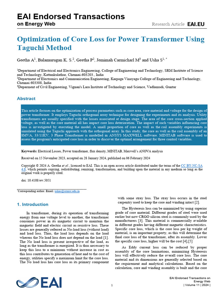 Paper - Optimization of Core Loss For Power Transformer Using Taguchi Emthod | PDF | Transformer ...