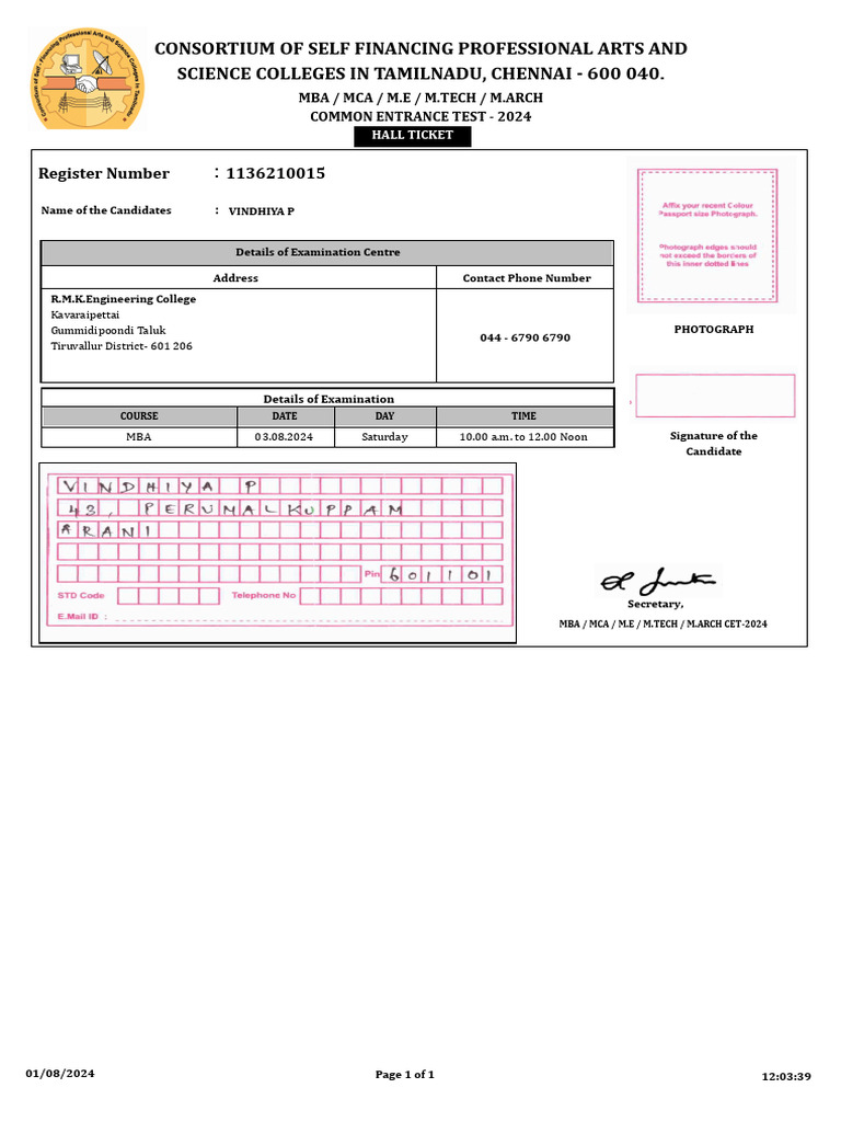 MBA/MCA/M.Tech CET 2024 Hall Ticket | PDF