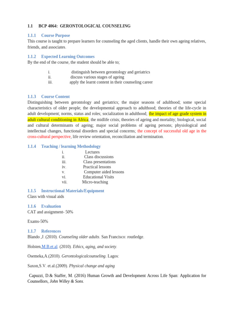BCP 4064 Gerontology Counseling - Course Outline Editted | PDF