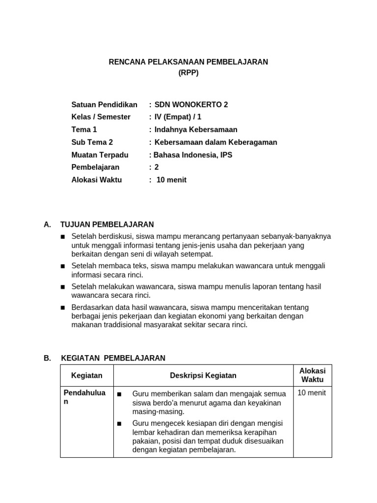 RPP SD KELAS 4 Indahnya Kebersamaan - Keberagaman | PDF