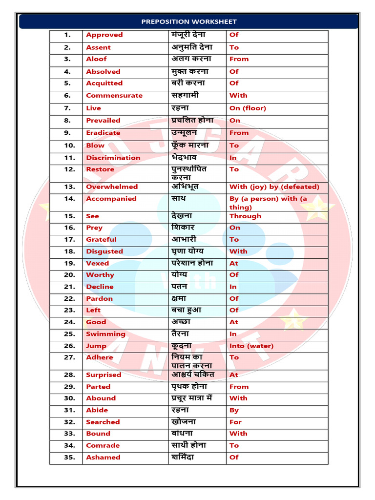 Preposition Worksheet for Language Learning | PDF