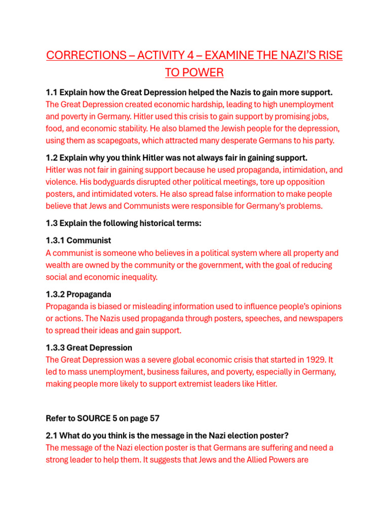 Corrections - Activity 4 - Examine The Nazi's Rise To Power | PDF ...