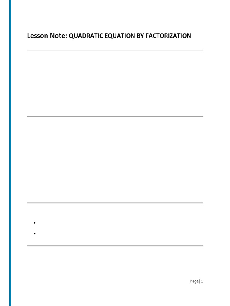 Lesson Note QUADRATIC EQUATION BY FACTORIZATION | PDF | Factorization | Quadratic Equation