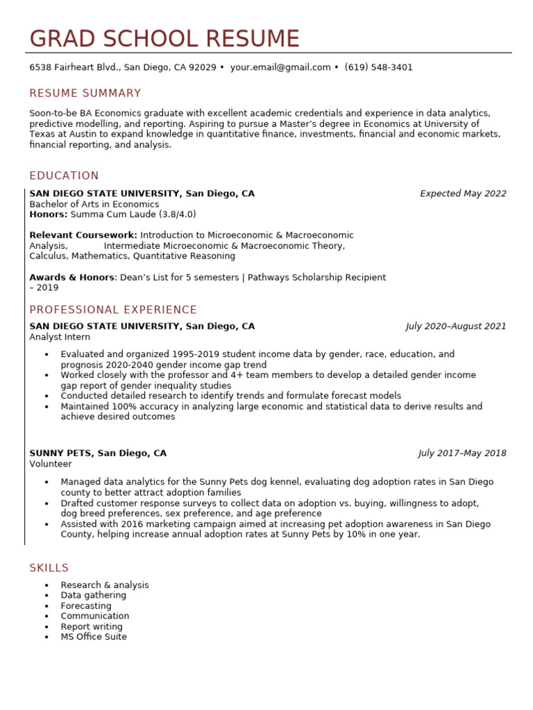 Grad School Resume Example | PDF | Résumé | Economics