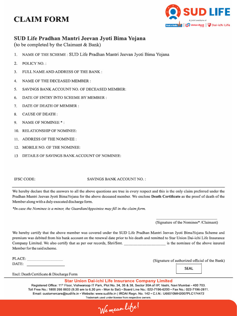 PMJJBY Claim Form English | PDF