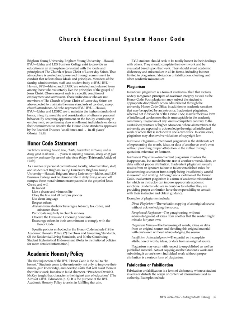 Church Educational Systemhonor Code: Plagiarism | PDF | Academic ...