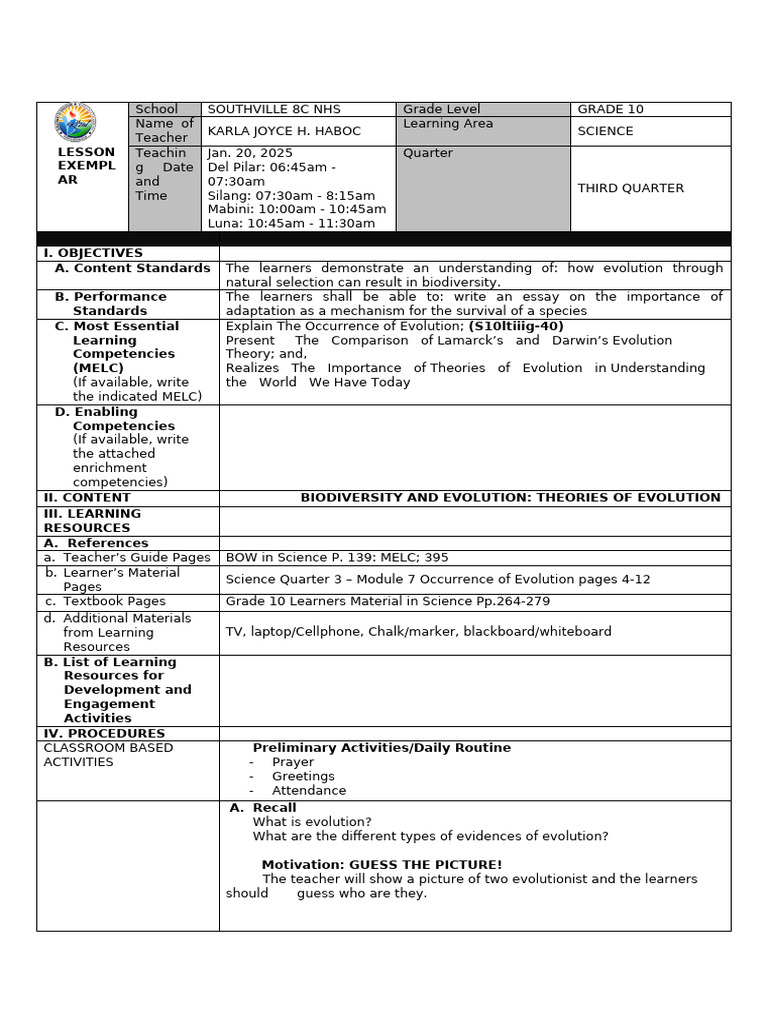 Lesson Plan in Theories of Evolution | PDF | Change | Learning