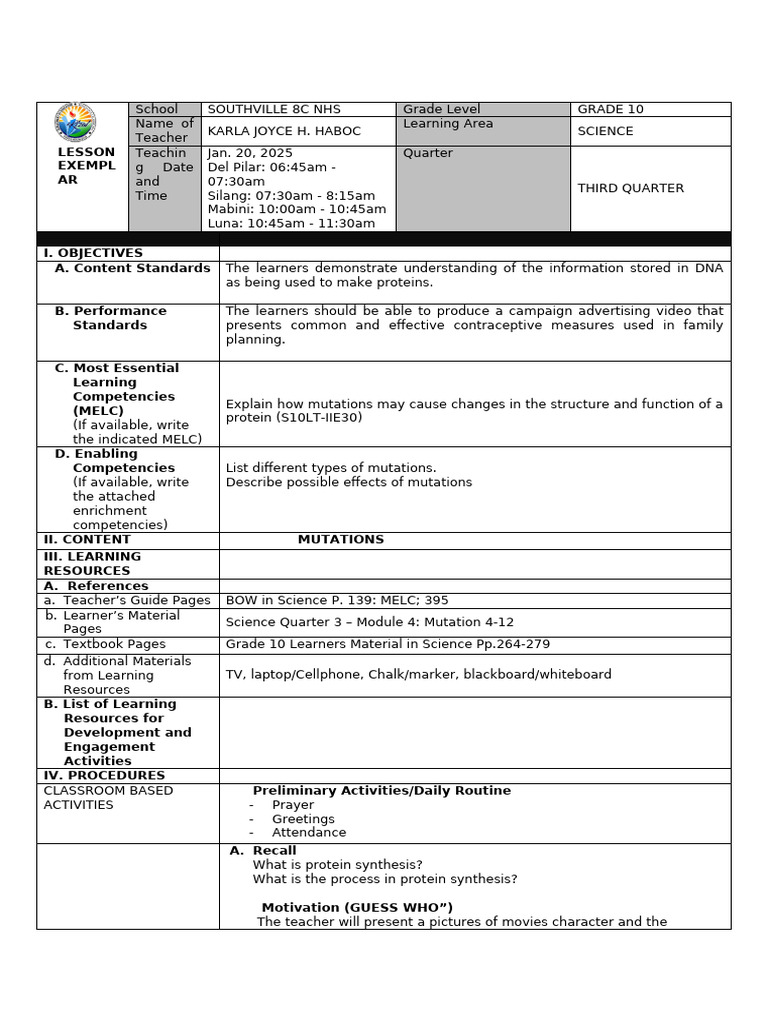 Grade 10 Science Lesson on Mutations | PDF | Mutation | Molecular Genetics
