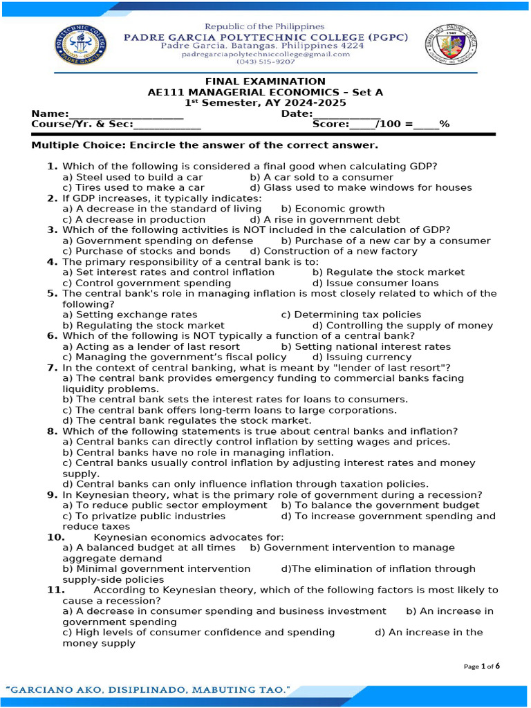 Managerial Economics Final Exam | PDF | Inflation | Taxes