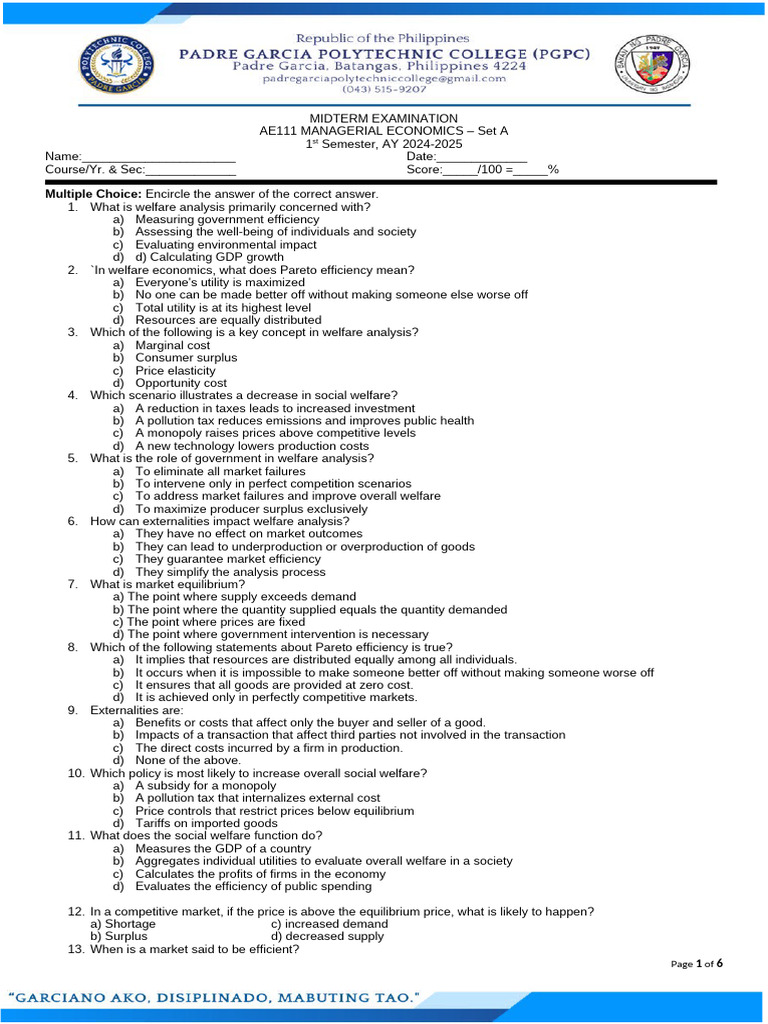 Managerial Economics Midterm Exam | PDF | Welfare Economics | Externality
