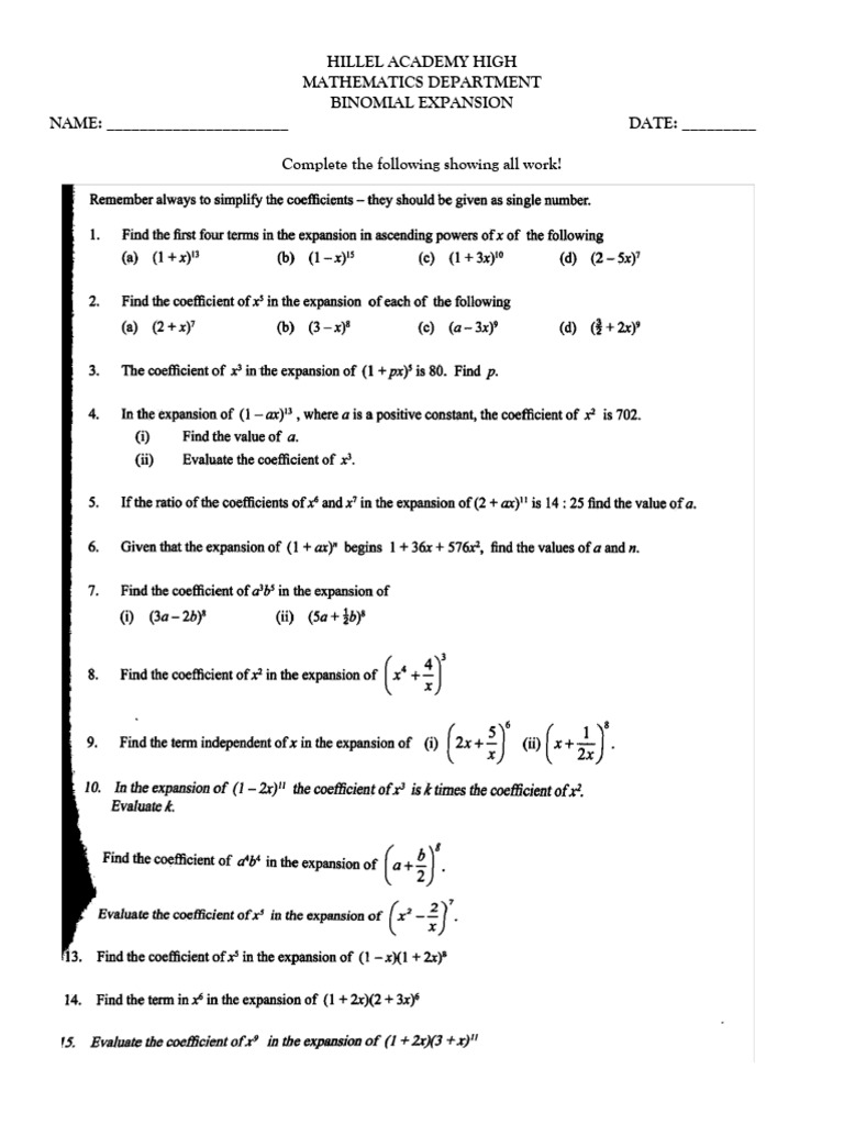 Binomial Expansion Worksheet Level 12 | PDF