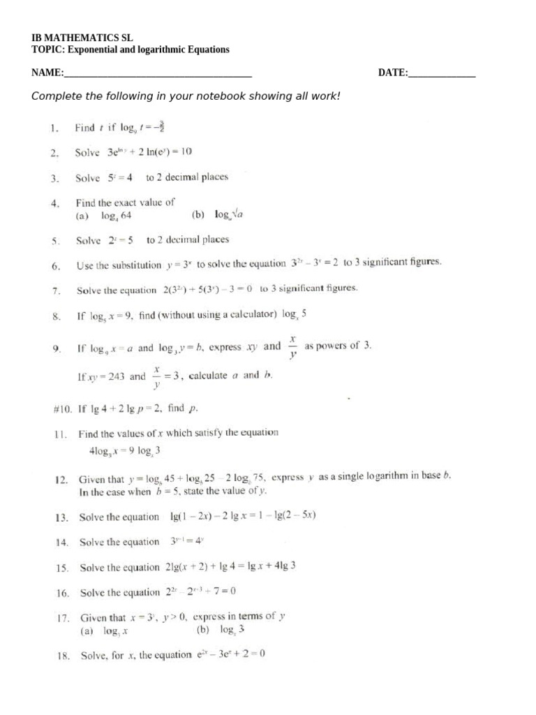 Exponential and Logs Cumulative Worksheet Level 12 | PDF