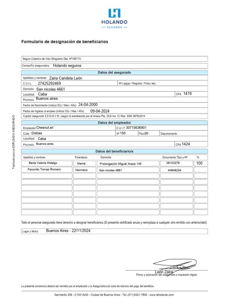 DESIGNACION DE BENEFICIARIOS Zaira LEON | PDF
