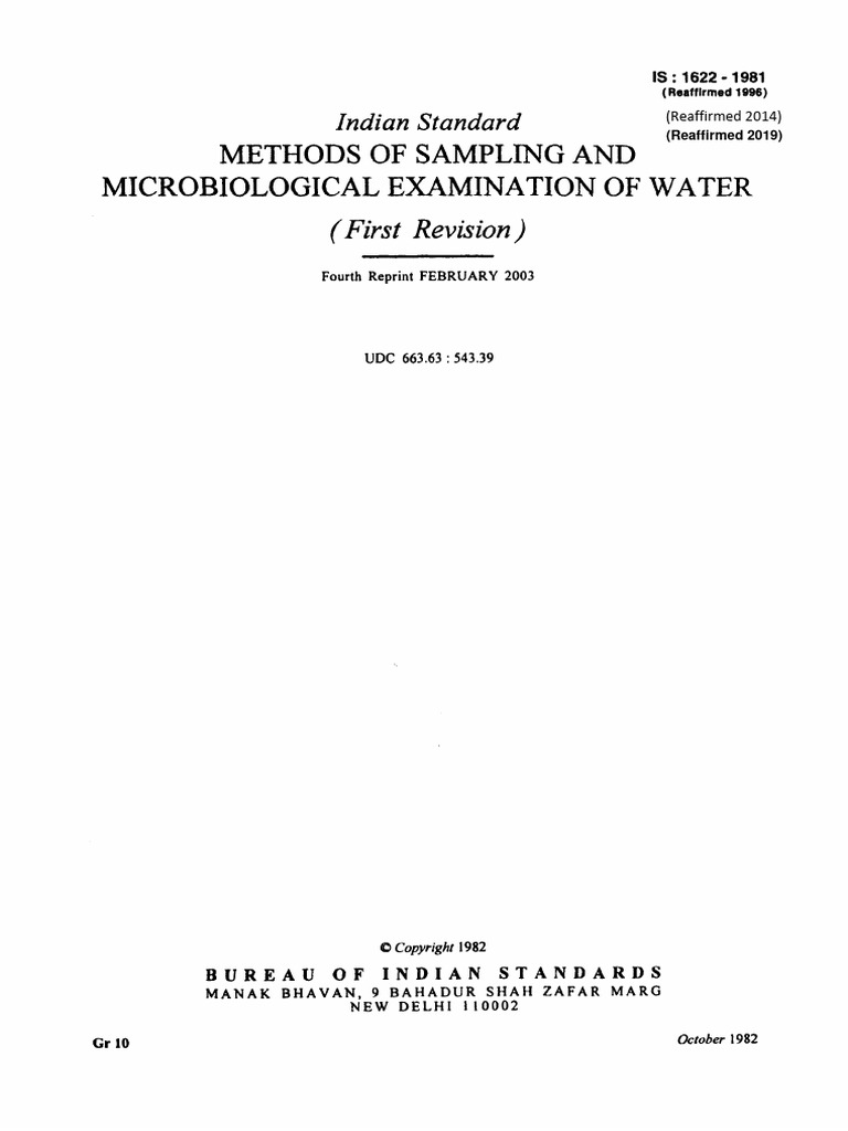 Methods of Sampling and Microbiological Examination Water: (First ...