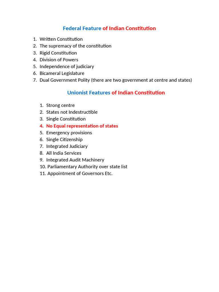 Federal and Unionist Feature of Indian Constitution | PDF
