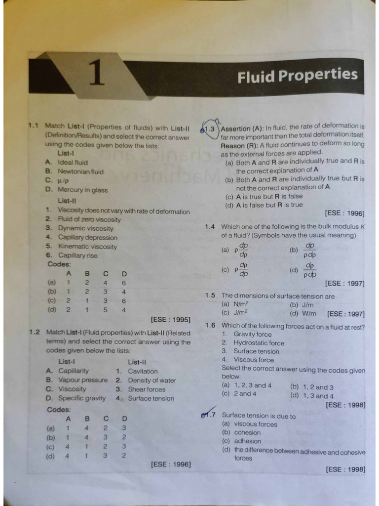 Fluid Properties - ESE - PYQ | PDF