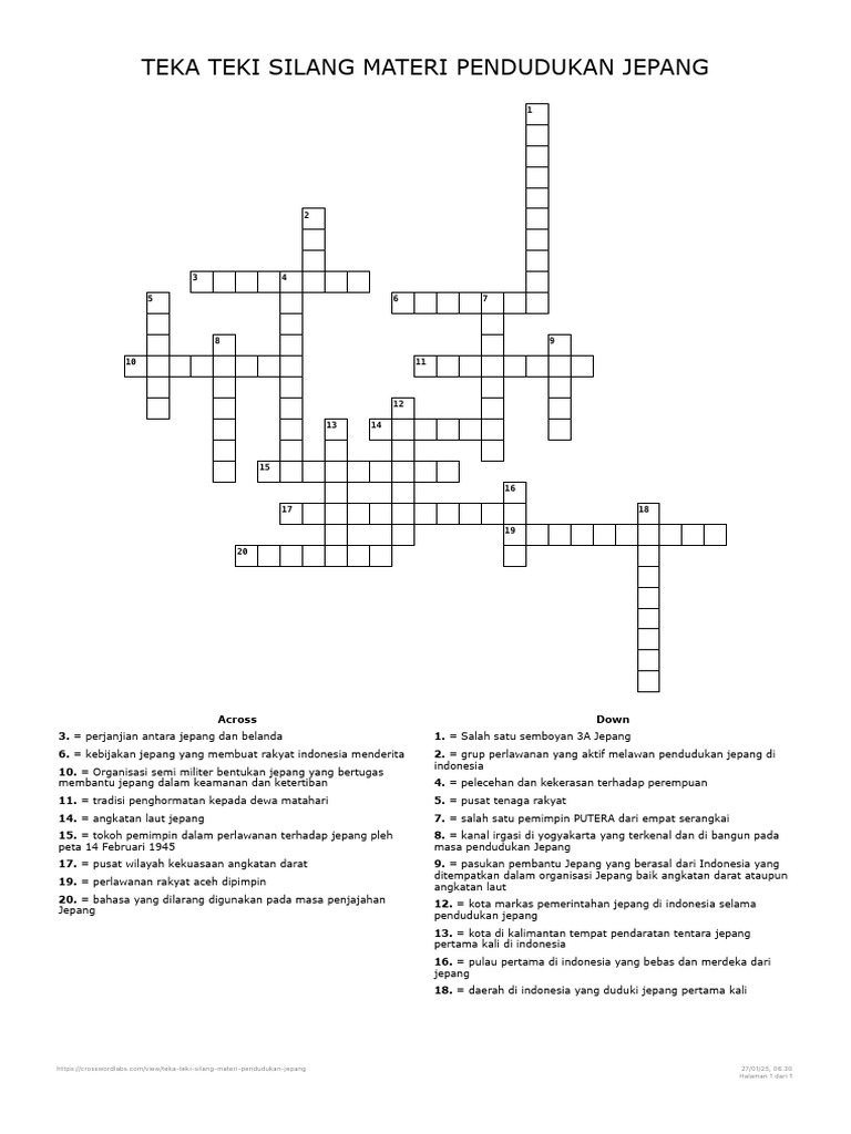 TEKA TEKI SILANG MATERI PENDUDUKAN JEPANG - Crossword Labs | PDF