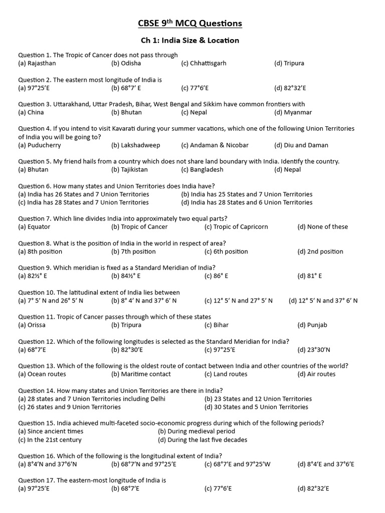 CBSE 9th Geography MCQ Questions Student | PDF | Forests | Plate Tectonics