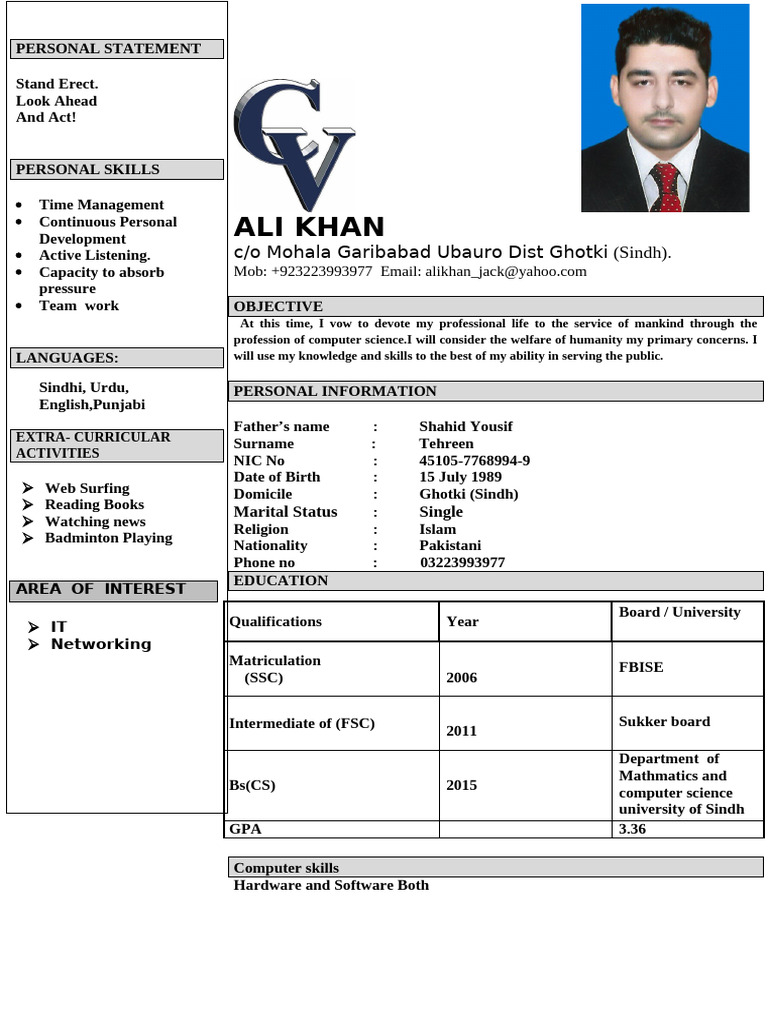 Ali CV | PDF | South Asia | Pakistan