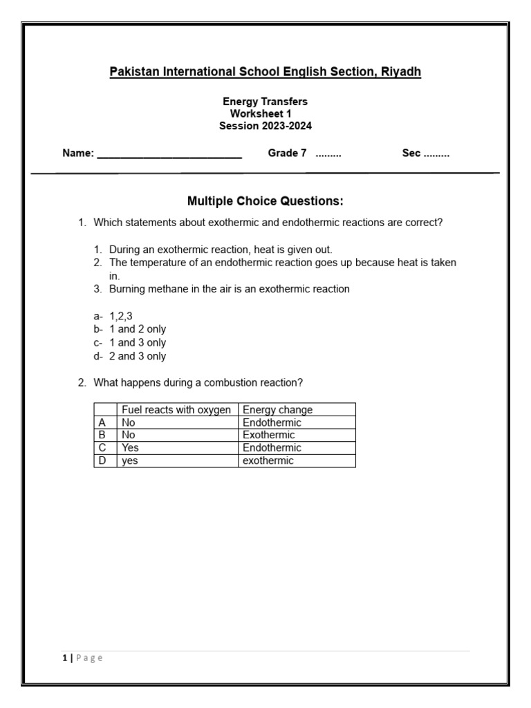 Worksheet Energy Transfers (CH18) | PDF | Combustion | Chemical Reactions