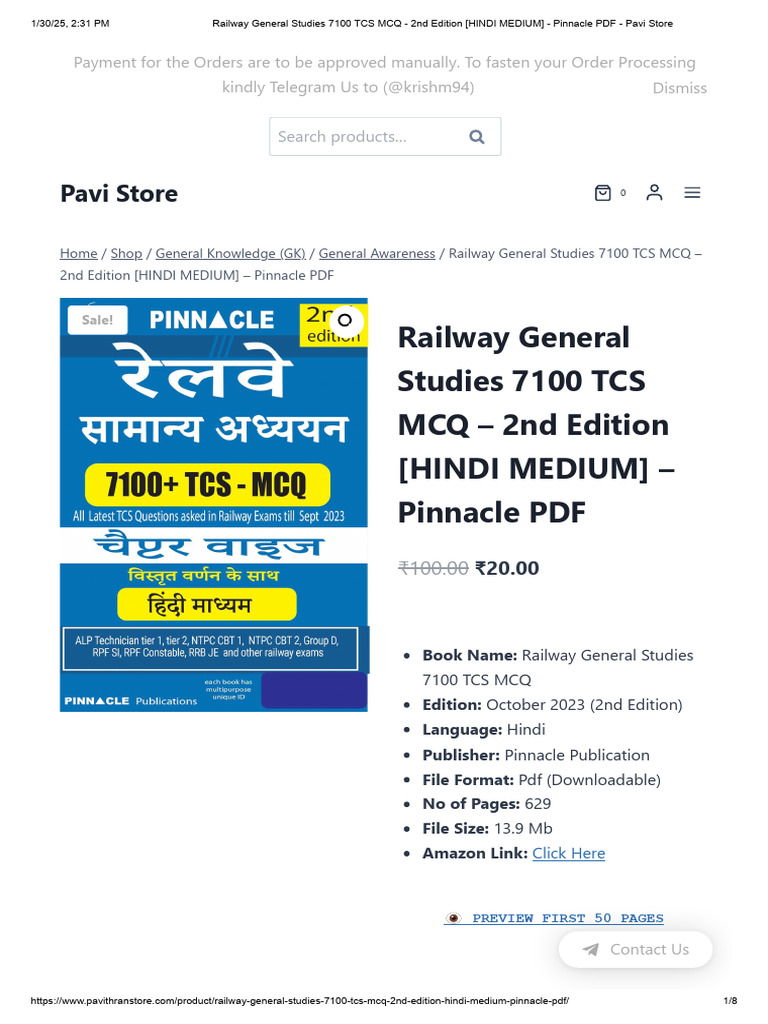 Railway General Studies 7100 TCS MCQ - 2nd Edition (HINDI MEDIUM) - Pinnacle PDF - Pavi Store | PDF