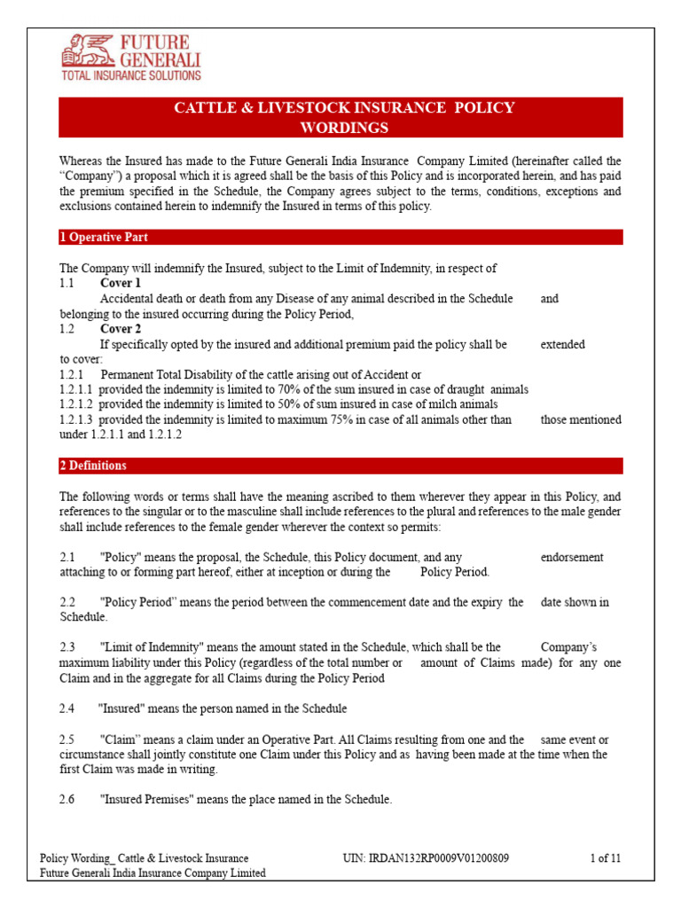 Cattle and Livestock Insurance Retail Policy Wordings | PDF | Indemnity ...