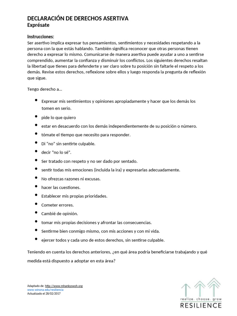 Hoja de Trabajo de La Declaración de Derechos Asertiva | PDF