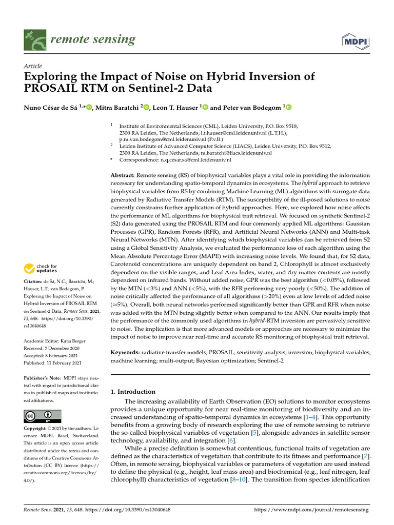 Exploring The Impact of Noise On Hybrid Inversion of PROSAIL RTM On Sentinel-2 Data | PDF ...