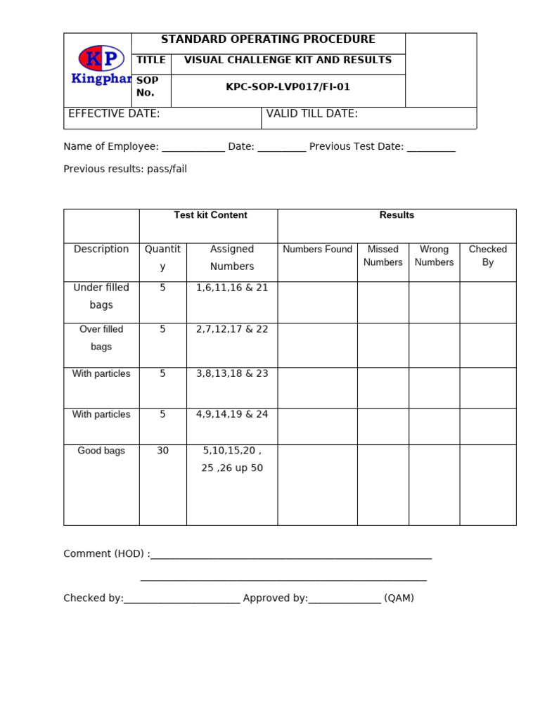 Visual Challenge Kit SOP Results | PDF